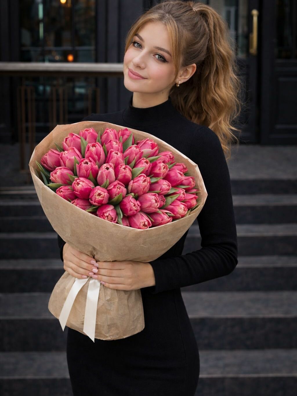 Букет из розовых тюльпанов пионовидных