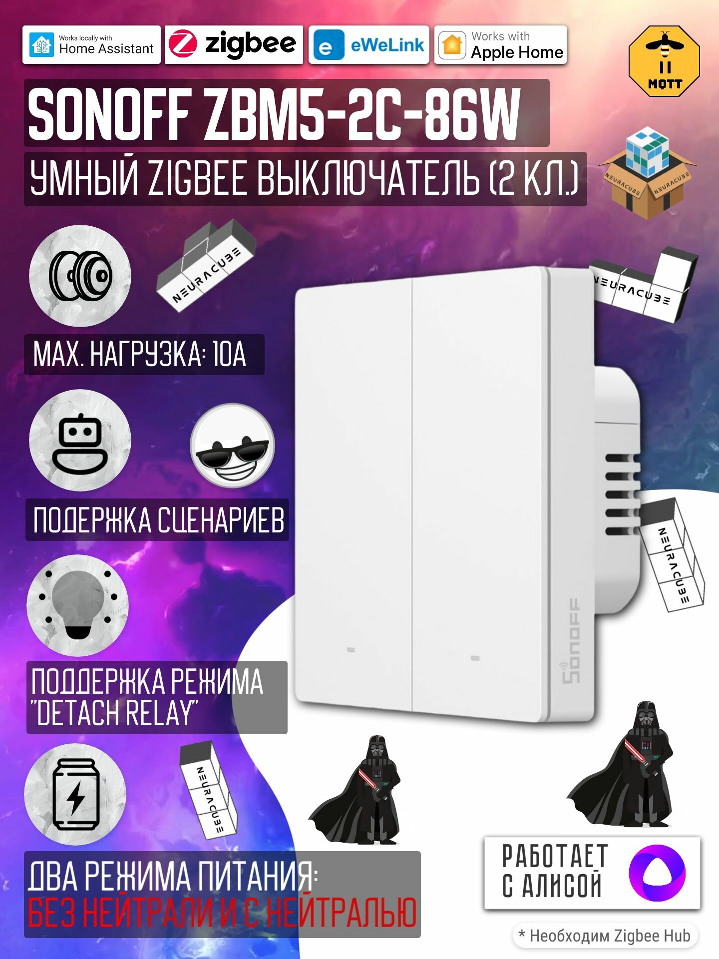 Умный Zigbee выключатель Sonoff ZBM5-2C-86W