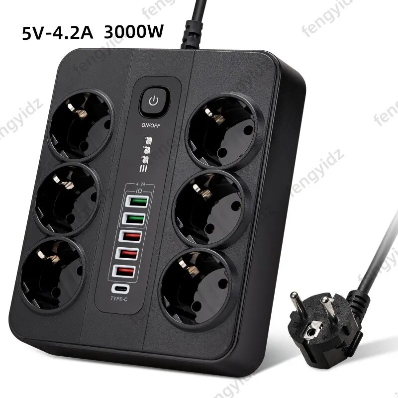 Удлинитель с 6 розетками ЕС, 3000 Вт, 6 USB, черный