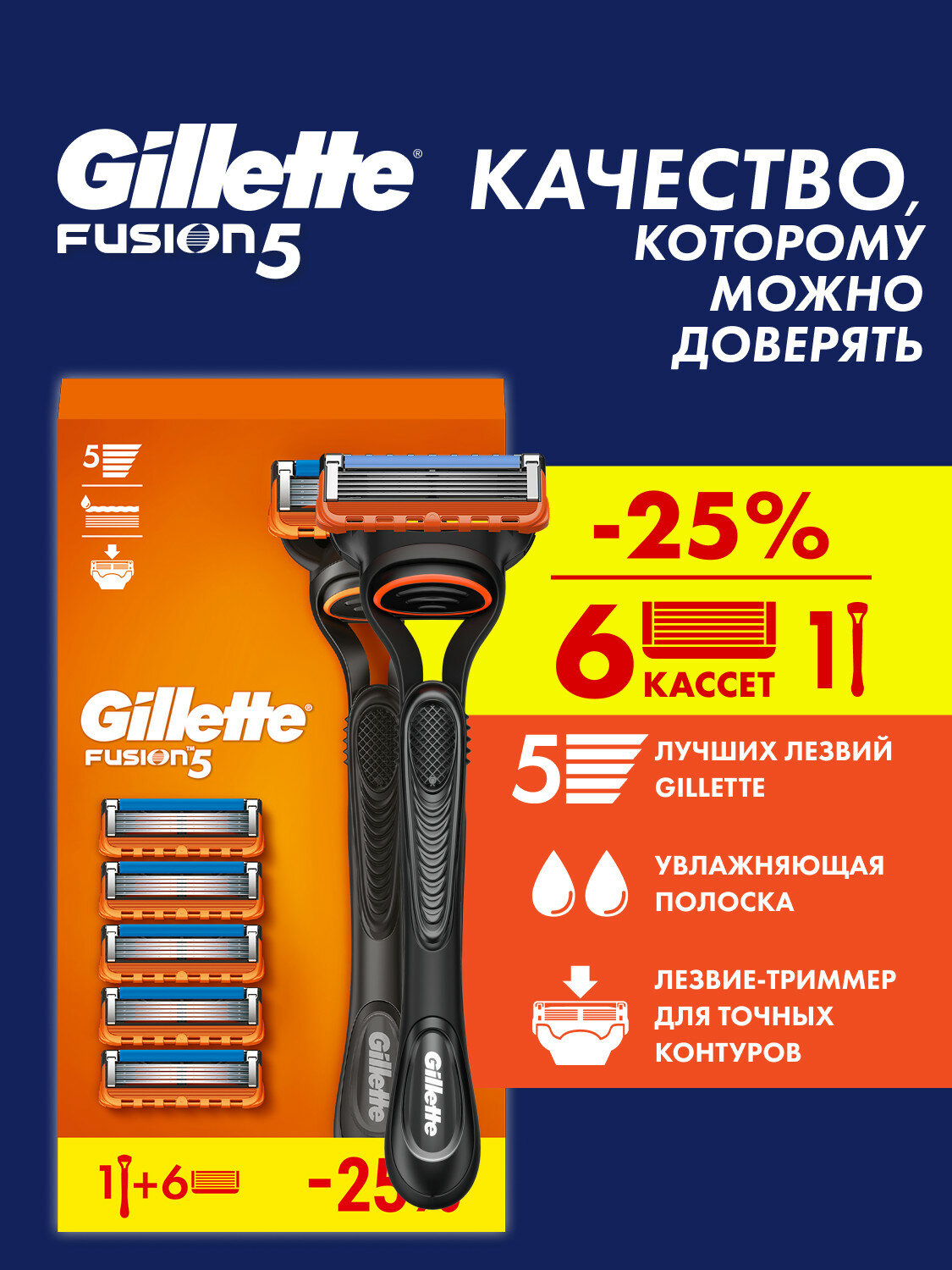 Gillette Fusion5 Мужская Бритва , 6 кассет, с 5 лезвиями, c точным триммером для труднодоступных мест