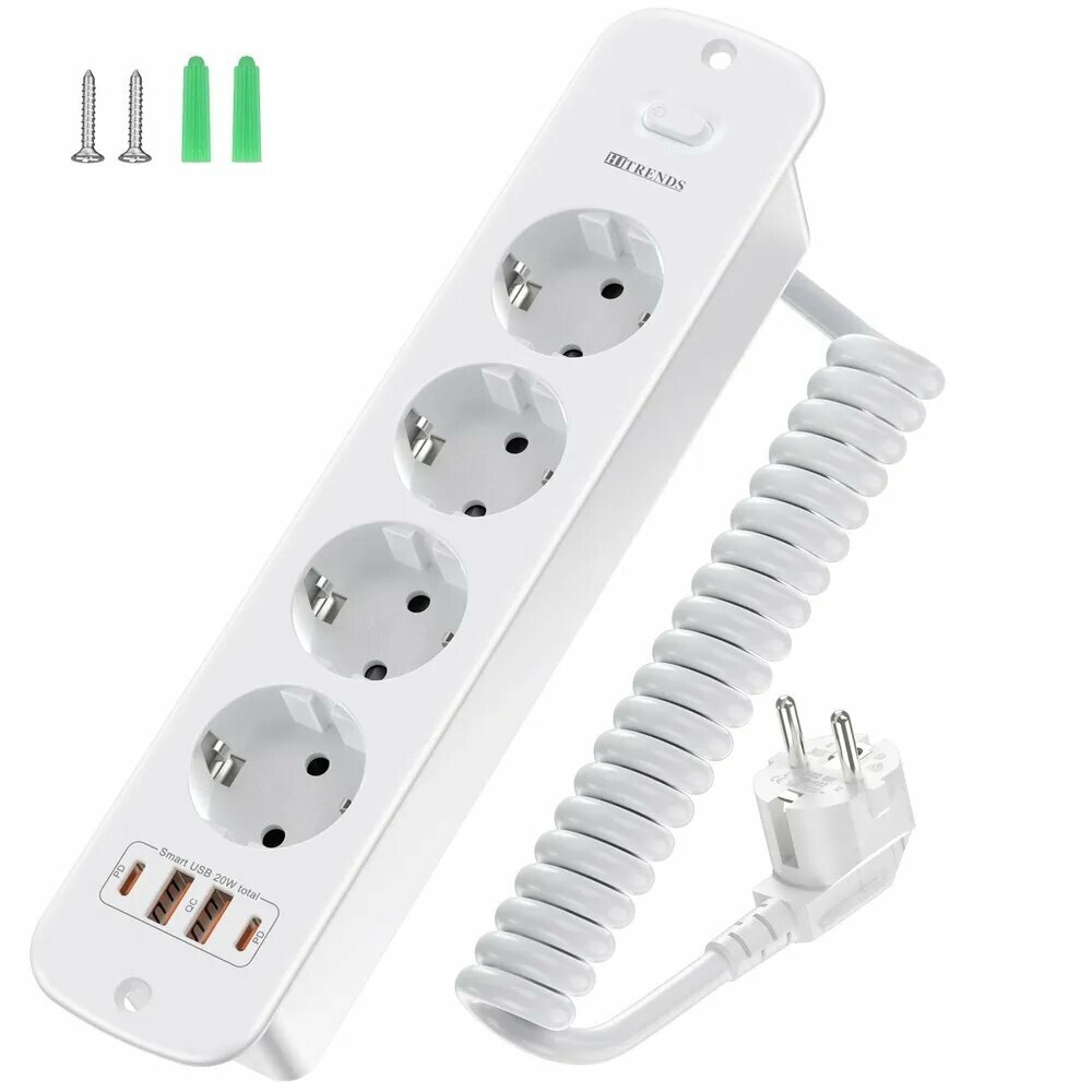 Евророзетка с выключателем и USB (2U+2C), PD 20W Быстрая зарядка, встроенная розетка с кабелем 2м 1.5мм , белая