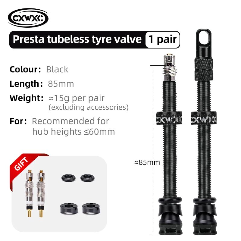 CXWXC Велосипедный бескамерный клапан Presta 45/65/85 мм Черный, 85mm black