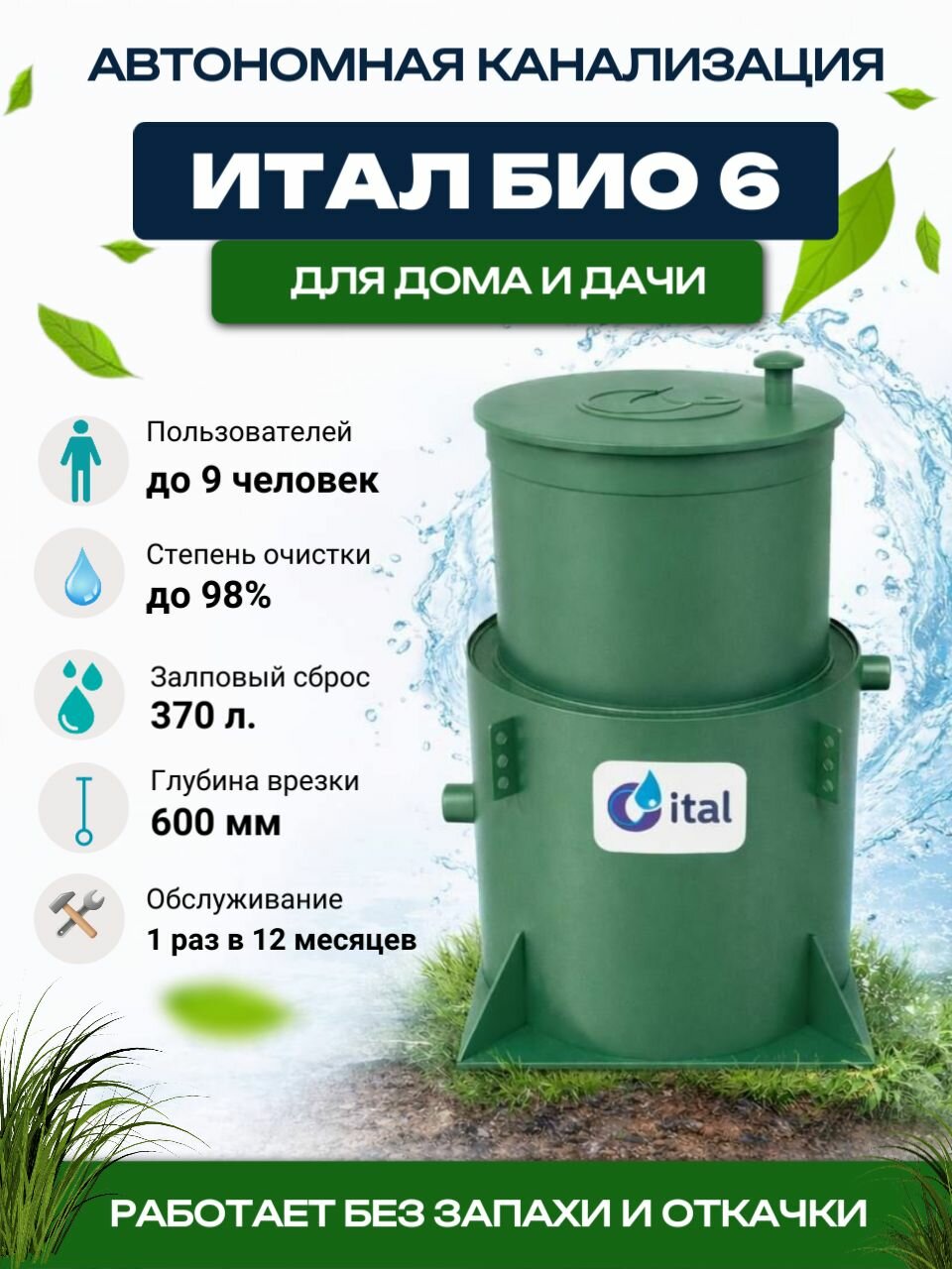Септик Итал био 6 стандарт для дачи и дома автономная канализация, очистка 98%, залповый сброс 370 л