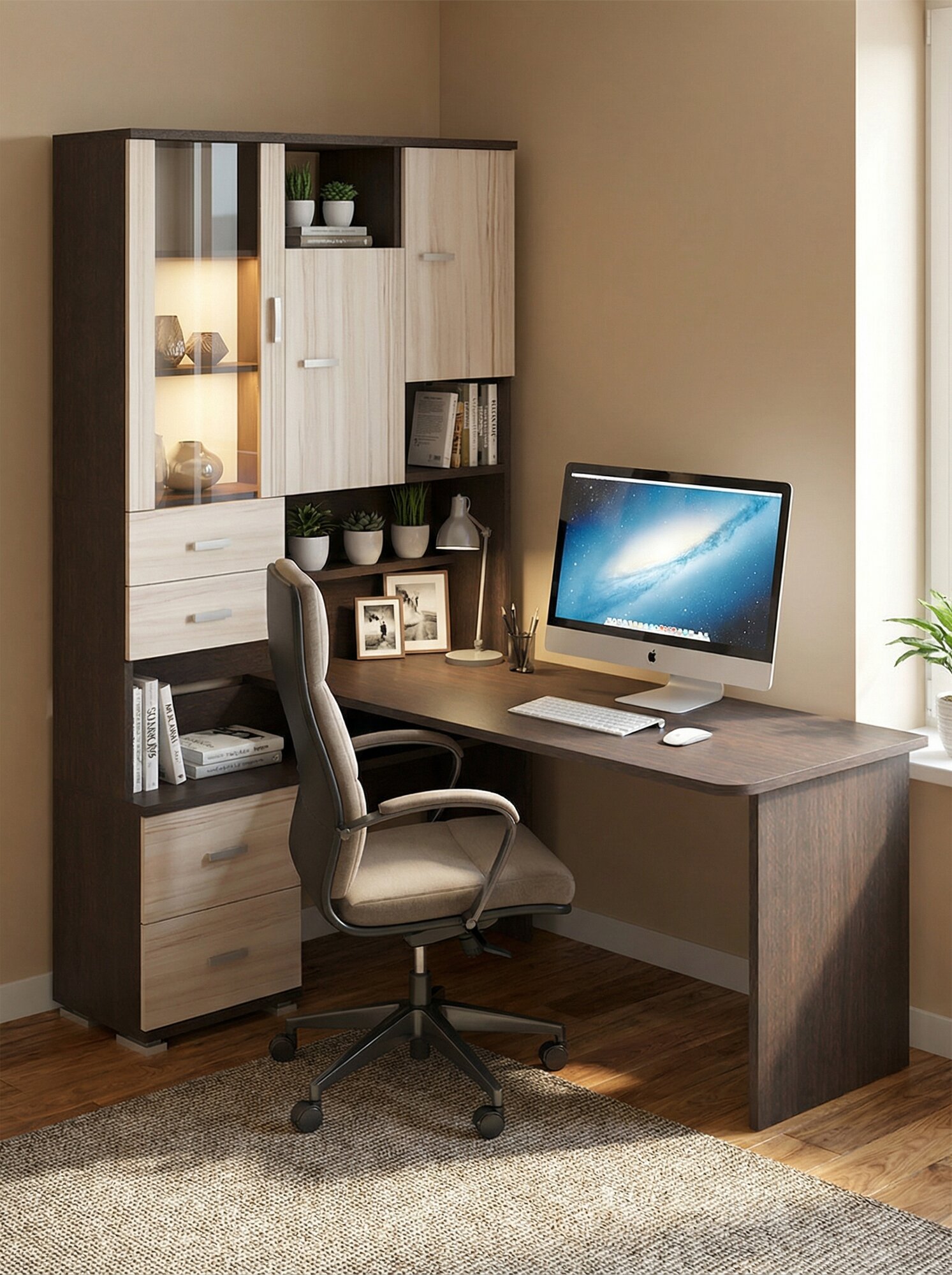 Стол компьютерный Мэрдэс СР-620/160 ВКВ-ЛЕВ Венге/Карамель/Венге, угловой, 130х160х216 см, с ящиками, с полками