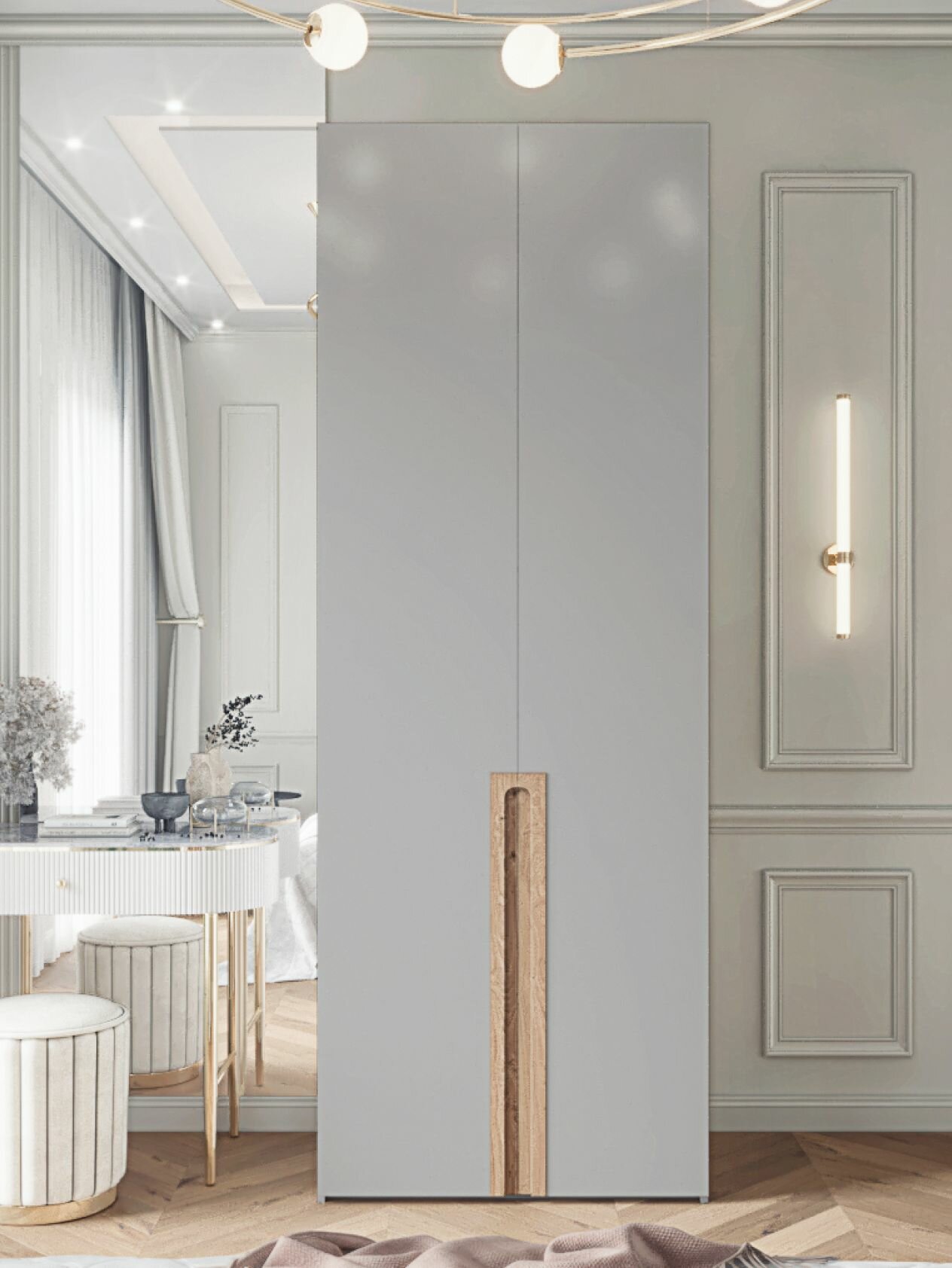 Casa Mia 60х55х260см. Шкаф для одежды распашной с ящиками, 2-дверный, серый, ручка из массива дерева