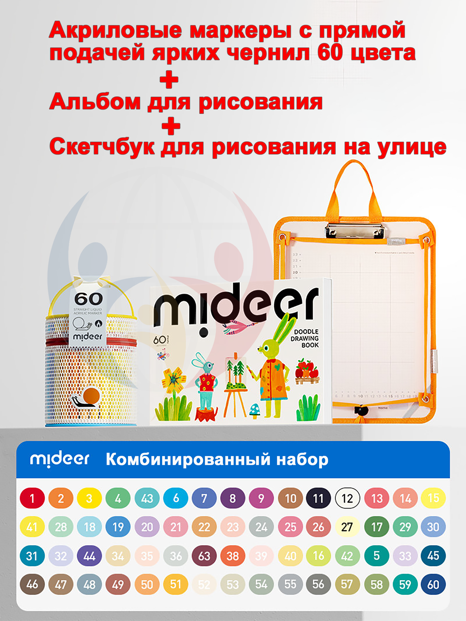 Акриловые маркеры Mideer, с прямой подачей, нетоксичный мягкий наконечник, набор 24, 36, 60, 80 цветов
