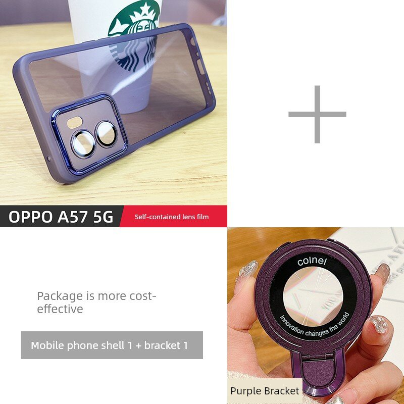 Силиконовый мягкий чехол для OPPO A57 5G с фиолетовой защитной пленкой и фиолетовой подставкой
