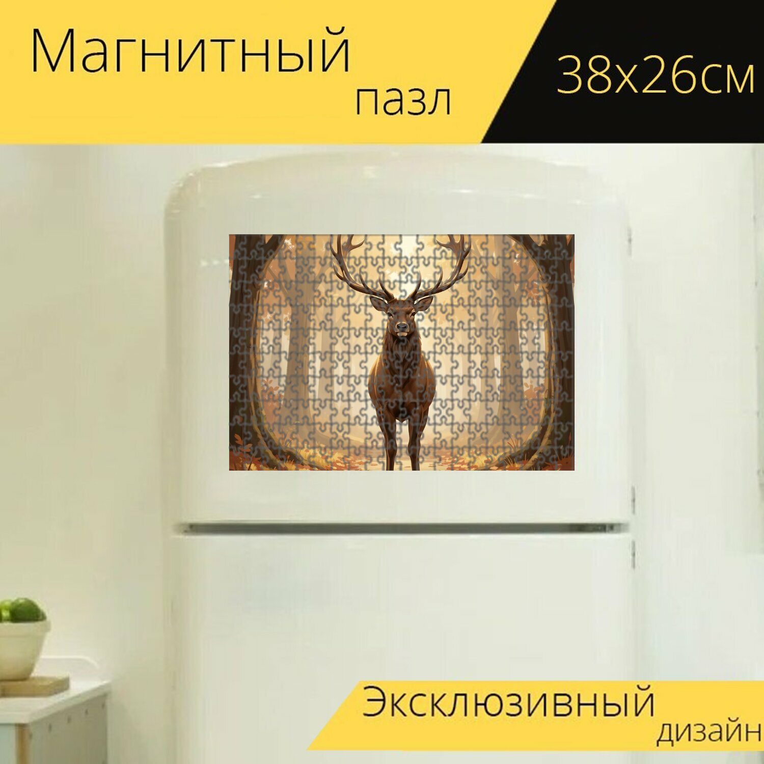Магнитный пазл "Олень в осеннем лесу. Благородный самец с большими рогами стоит на лесной тропе среди золотой листвы. Цифровая иллюстрация в теплых." для интерьера, 38х26 см.