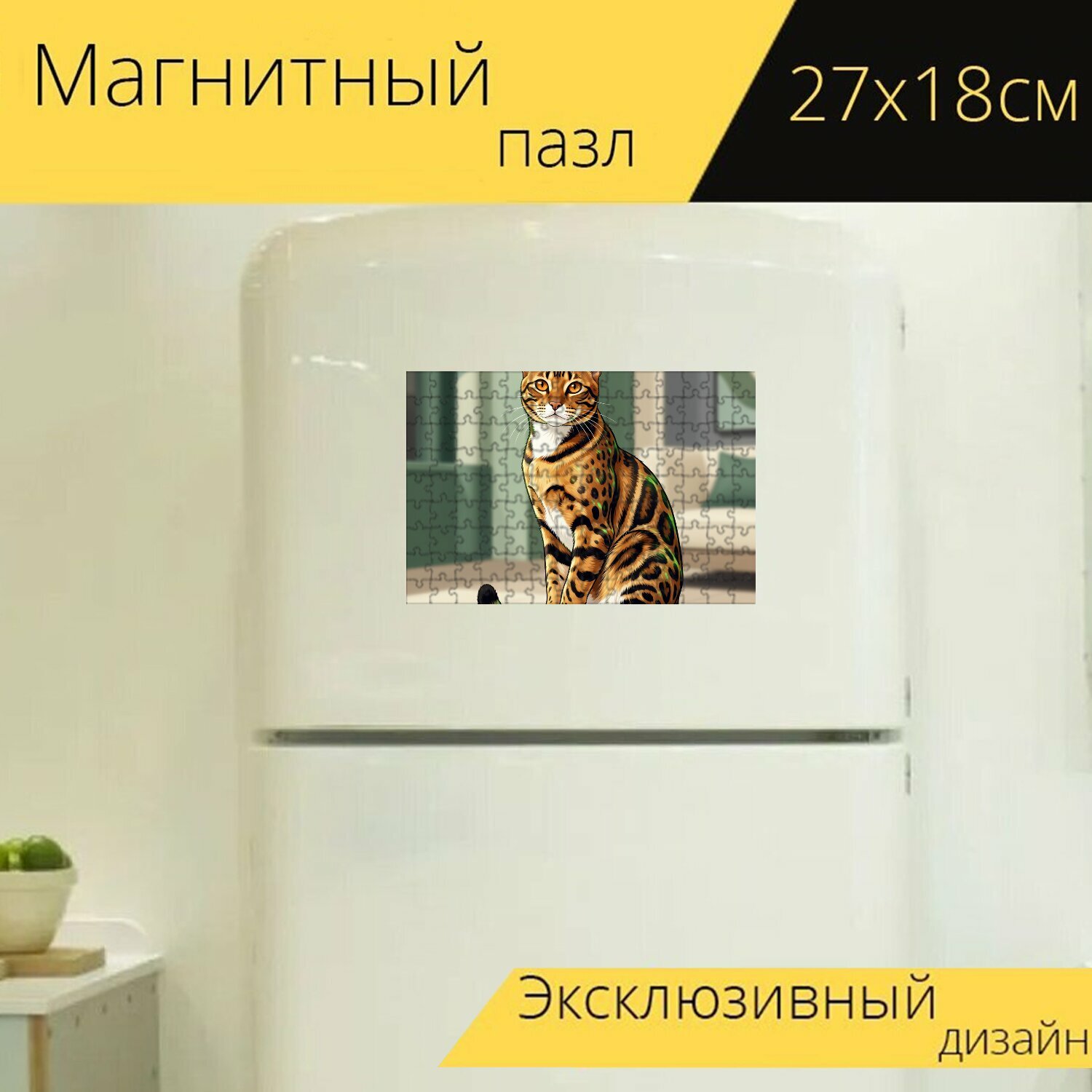 Магнитный пазл "Бенгальская кошка в интерьере. Изящный пятнистый питомец с золотисто-рыжей шерстью и выразительными янтарными глазами сидит в светлой." на холодильник 27 x 18 см.