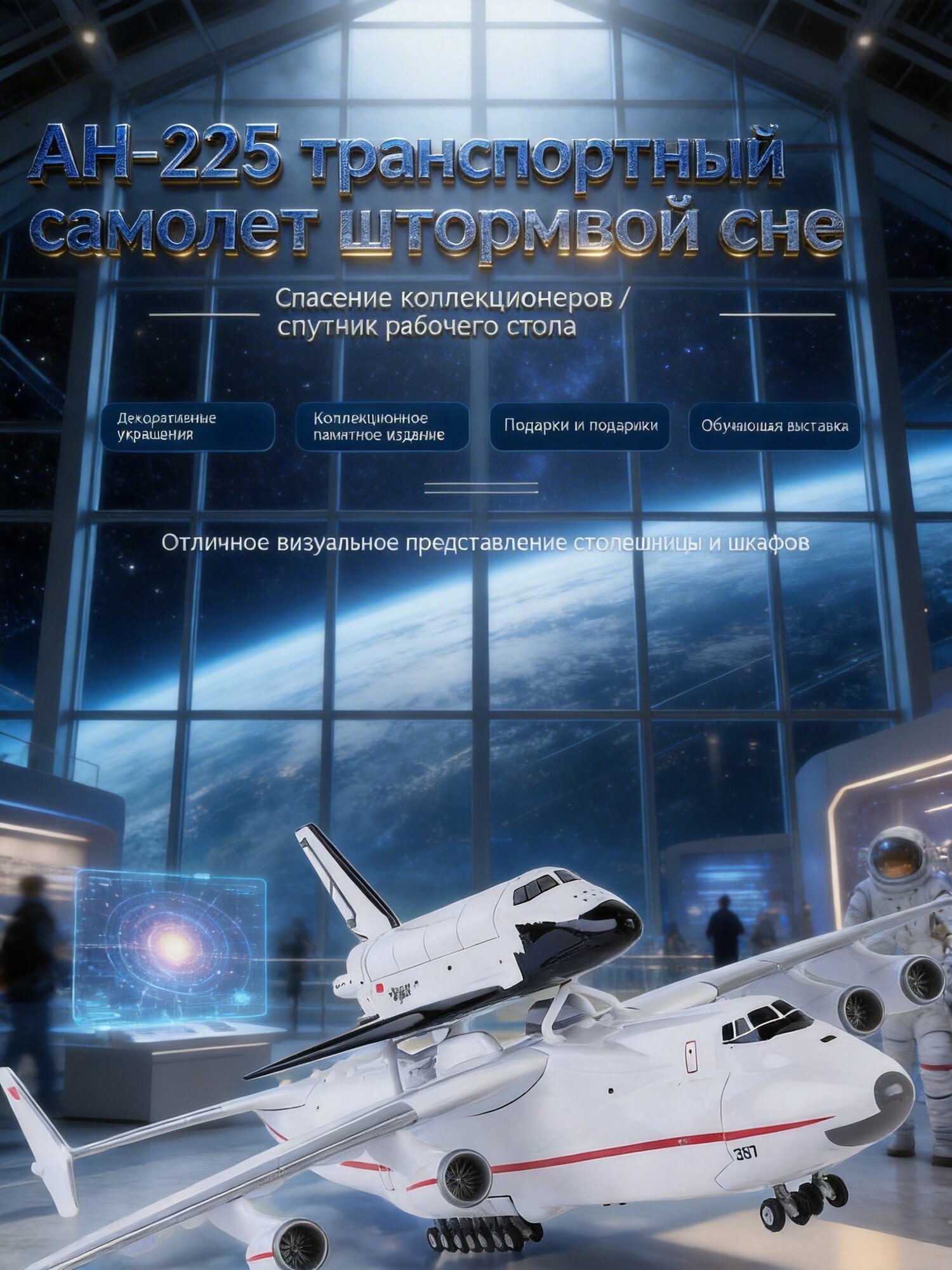 Авиамодель транспортного самолета Ан-225 с шасси и открывающимся грузовым отсеком в подарочной коробке
