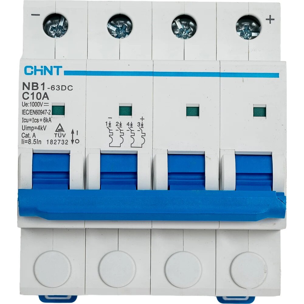Автоматический выключатель CHINT NB1-63DC 4P 10А 6кА х-ка C 1000В DC (R) 182732