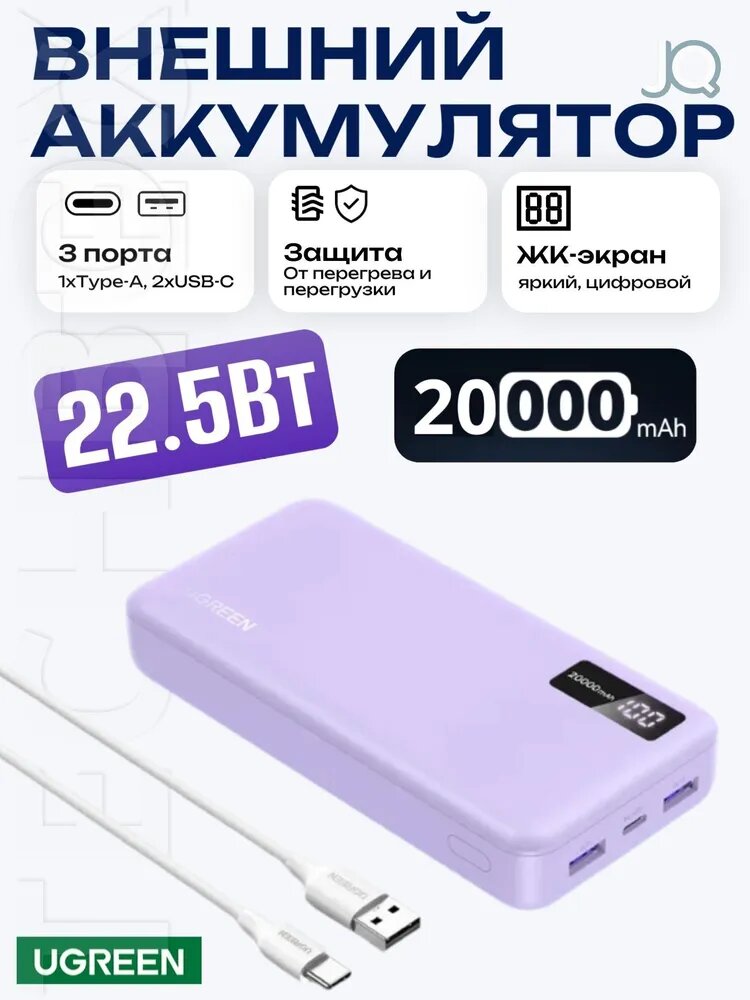 Внешний аккумулятор Ugreen PB312 (25683), 20000 мАч, 22.5 Вт, сиреневый, Ugreen PB312 (65590)