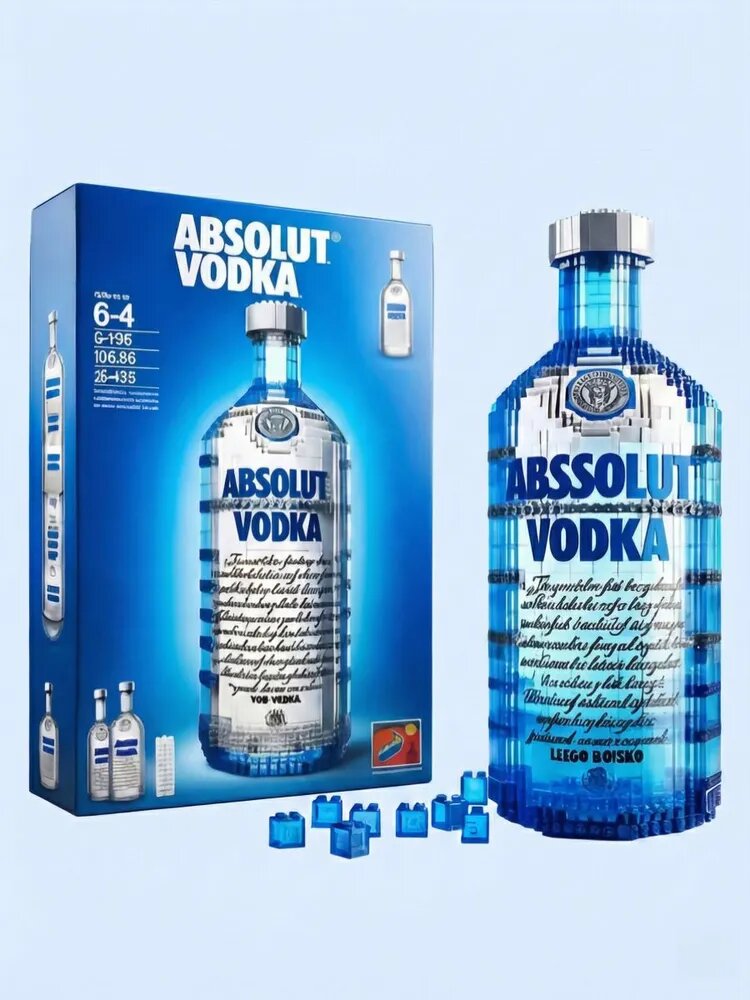 Конструктор интерьерный Absolut Vodka: Сборная 3D модель бутылки, оригинальный подарок мужчине и декор для бараодель Синяя Бутылка, интерьерный пазл для бара и дома, оригинальный подарок мужчине