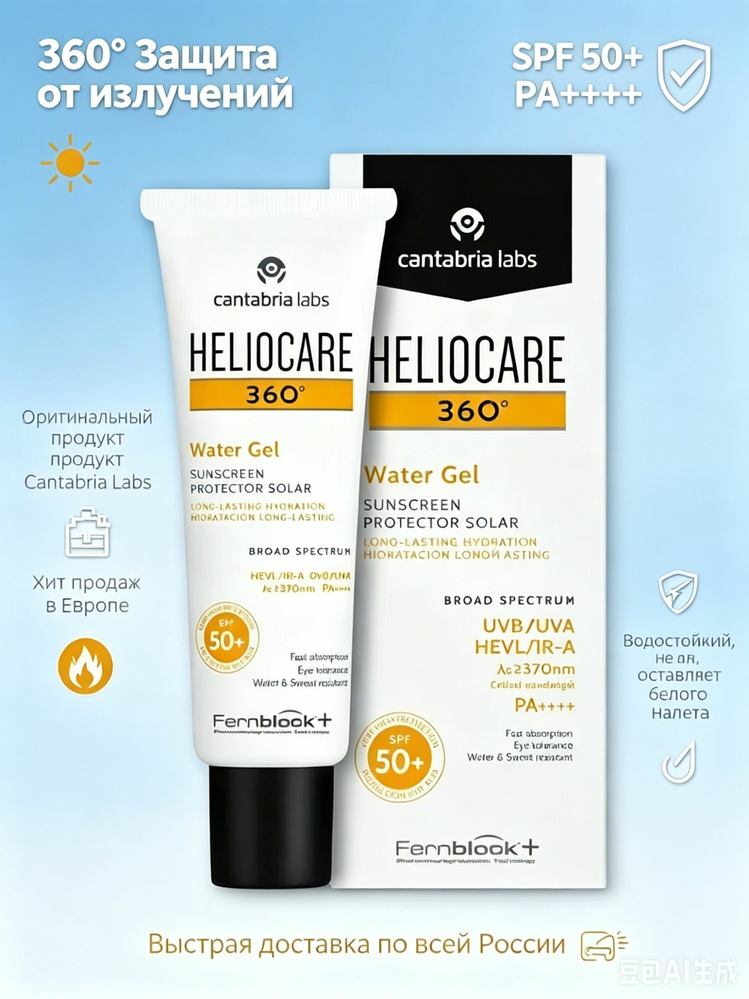 Heliocare 360 Water Gel SPF 50, Солнцезащитный увлажняющий гель-флюид, 50 мл