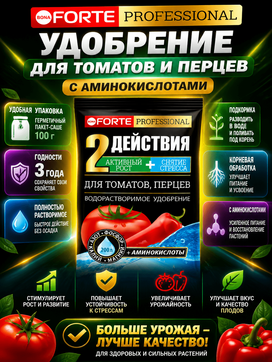 Удобрение BONA FORTE д/томатов, перцев с аминокислотами (Россия) 100 г