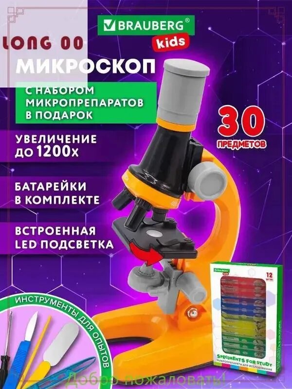 Микроскоп детский школьный с подсветкой 1200х, набор для опытов с образцами и инструментами 30 предметов, 12 микропрепаратов, Brauberg Kids