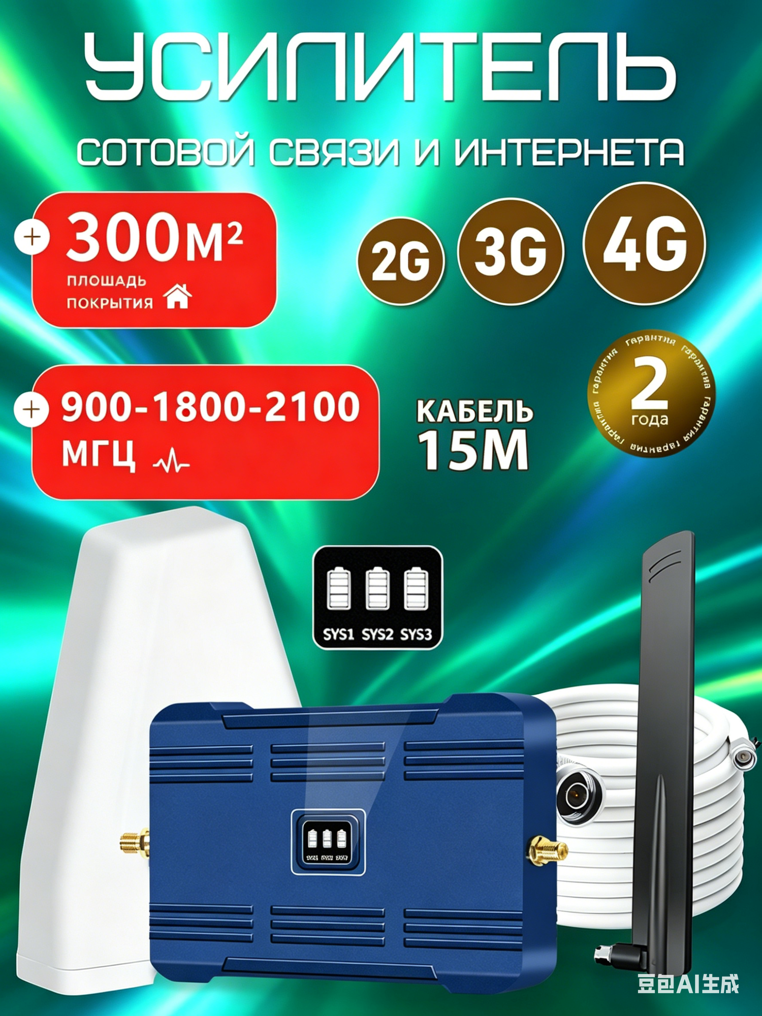 Усилитель сотовой связи 900/1800/2100 МГц (2G/3G/4G): до 70 км, направленный, синий, 1.3 кг