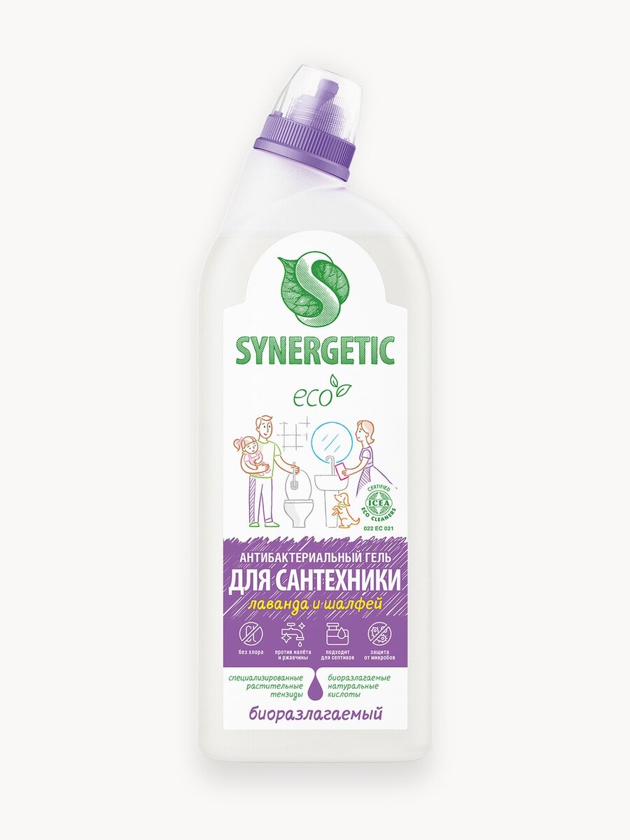 Средство для унитаза, чистки сантехники SYNERGETIC "Лаванда и шалфей" чистящее для ванной и туалета, антибактериальное, 0,7л