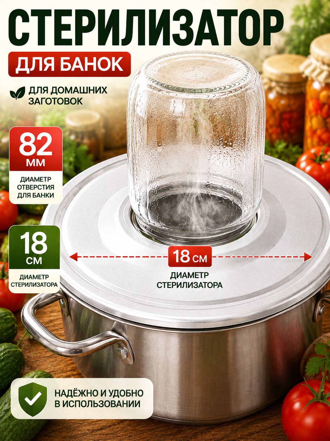 Стерилизатор для банок 82 мм, металлический для стерилизации стеклянных банок, для домашних заготовок и консервирования, 18 см