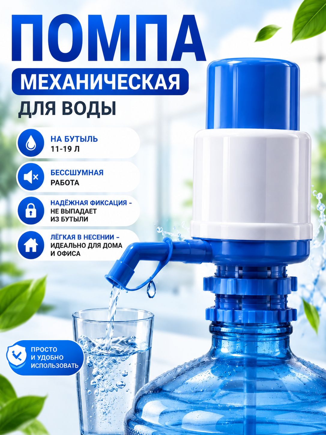 Помпа для воды 19л механическая, насос для бутылей 11-19 л, ручной диспенсер без электричества