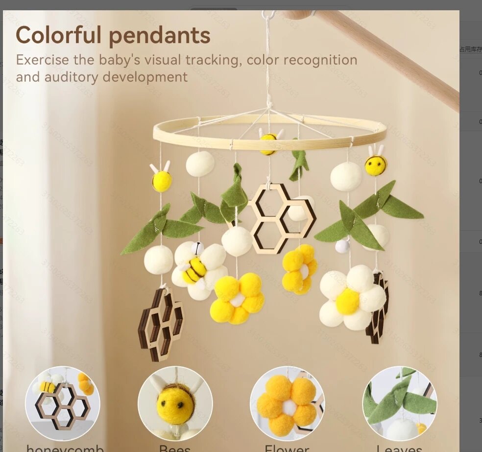 Деревянный мобиль для детской кроватки "Пчелы и цветы" Желтый, Baby Bed Bell