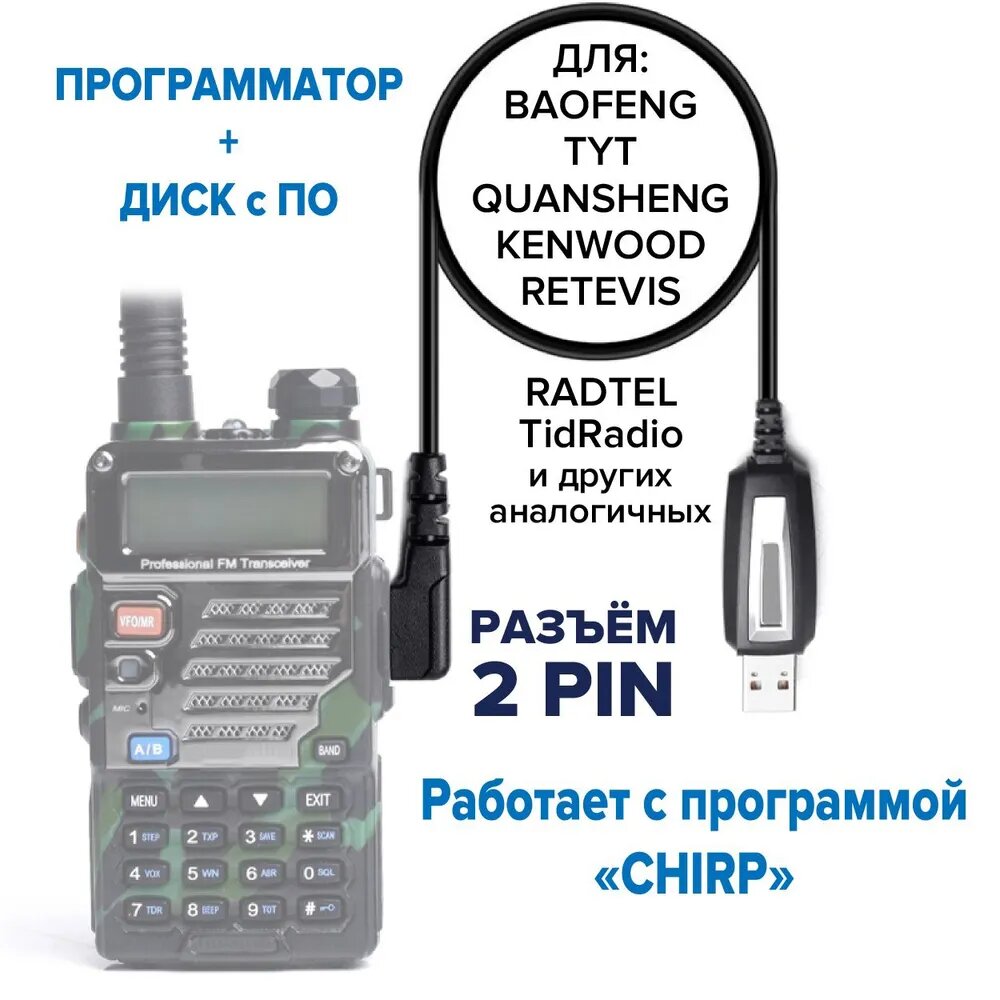 USB кабель программатор для рации Baofeng, Kenwood, Retevis, TYT, RADTEL, TidRadio и много других, чип CH340