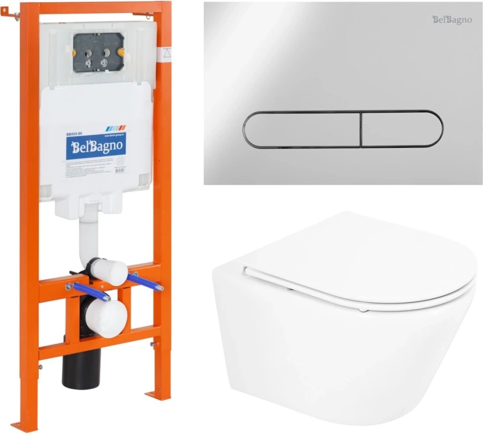 Комплект инсталляция с унитазом BelBagno Prospero BB8001CHR/SC/BB002-80/BB005-PR-CHROME с кнопкой смыва, хром + унитаз подвесной BelBagno Tre безободковый, с сиденьем микролифт, белый