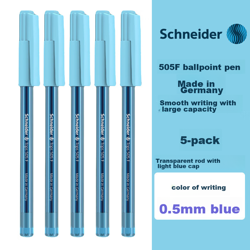 Schneider Ballpoint Pen, Large Capacity 0.5mm Bullet Tip, Transparent Candy-Colored Barrel, for Students And Daily Office Use, 505F Blue Cap Blue Ink, 5-Pack
