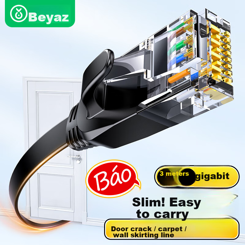 Biaze CAT6 Ethernet Cable, 3 Meters, Gigabit High-Speed Network Connection Cable, Computer Broadband Home Unshielded Flat Patch Cord, Finished Network Cable, Black, Wx9