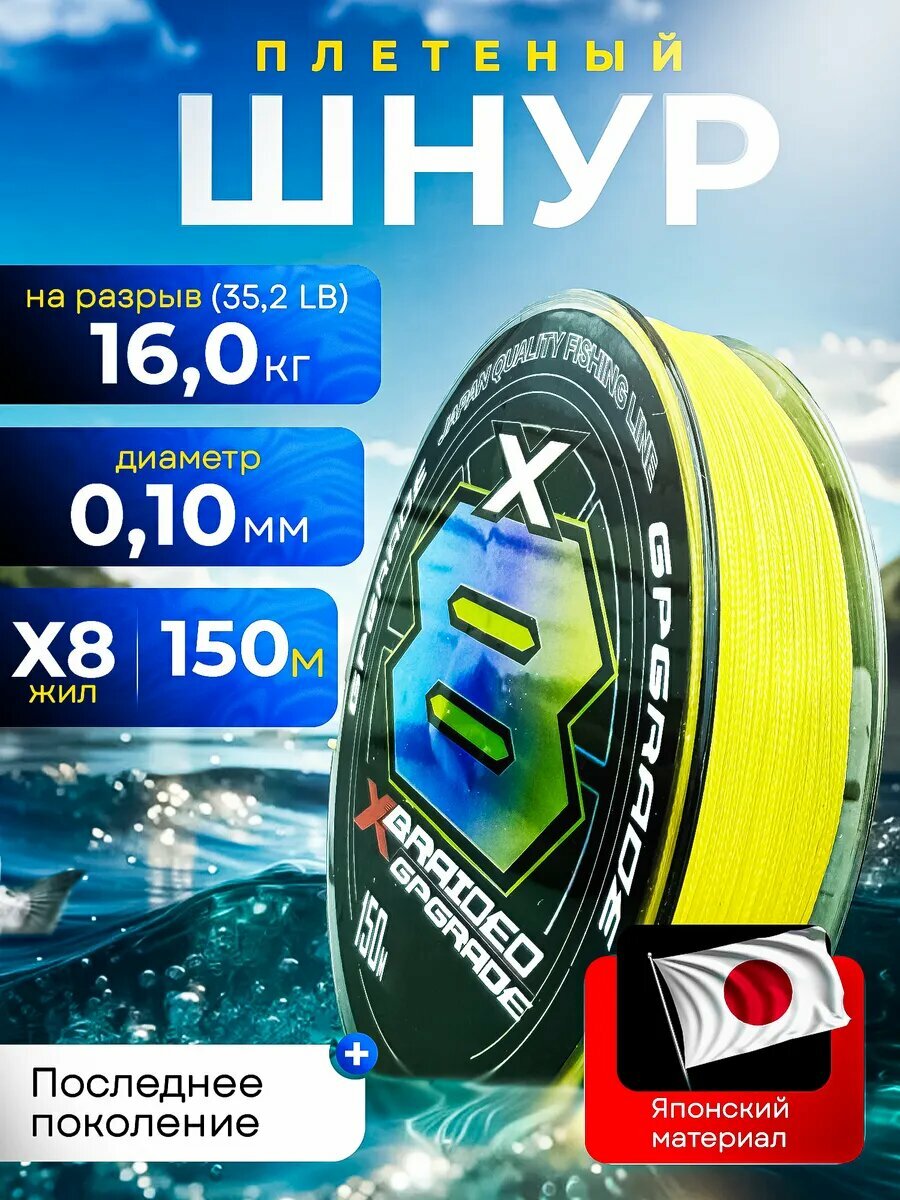 Желтая плетеная леска JYMFISH 0.10 мм, 8 жил, длина 150 м – прочный шнур-плетенка для рыбалки