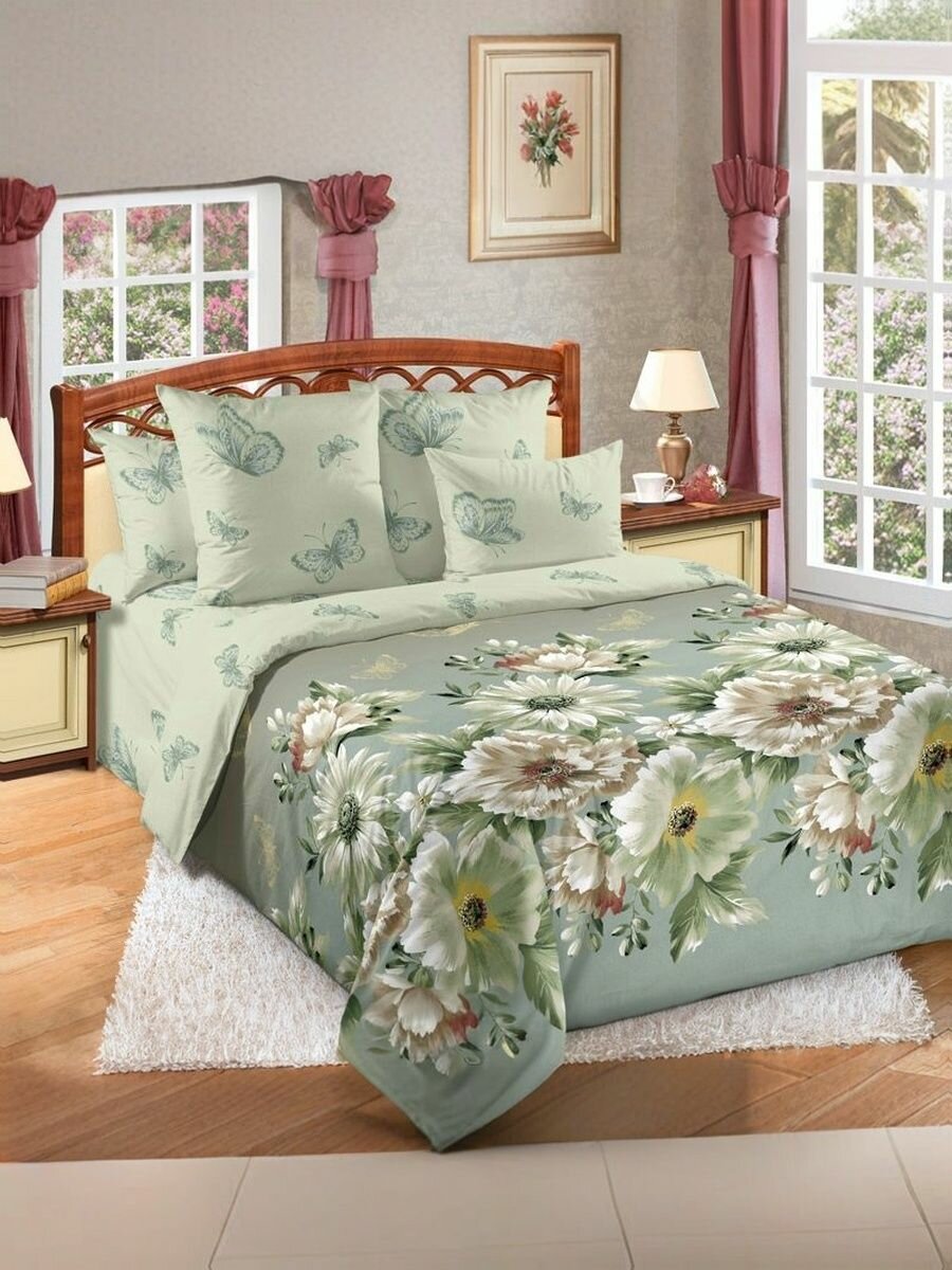 Постельное белье Евростандарт с Простыней на Резинке Перкаль (2 наволочки 70х70) "Каролина 1 зел"