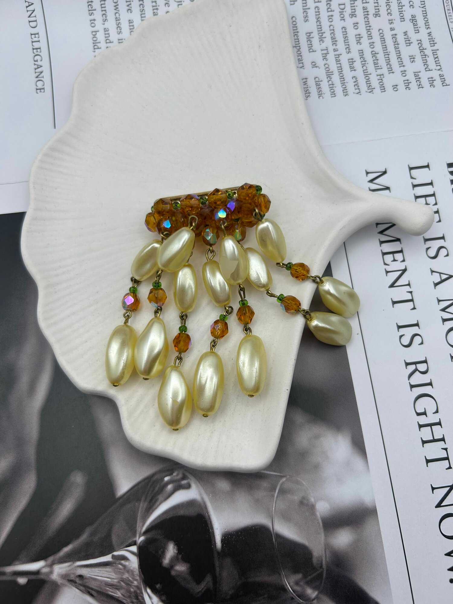 Винтажная крупная брошь с подвесами, имитация жемчуга, Чехословакия