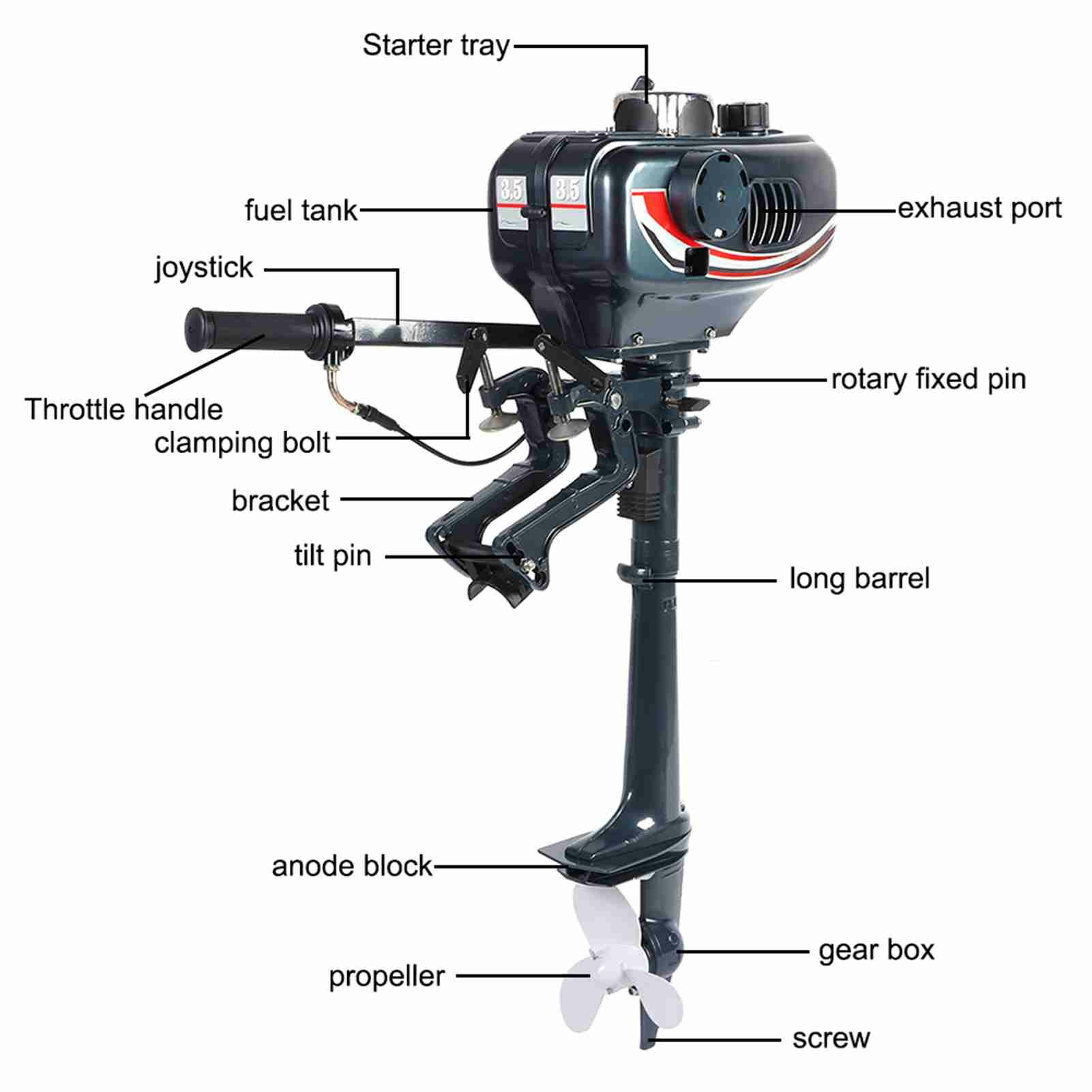 2-тактный 3,5 л. с. бензиновый подвесной мотор с румпельным валом, система водяного охлаждения лодочного мотора