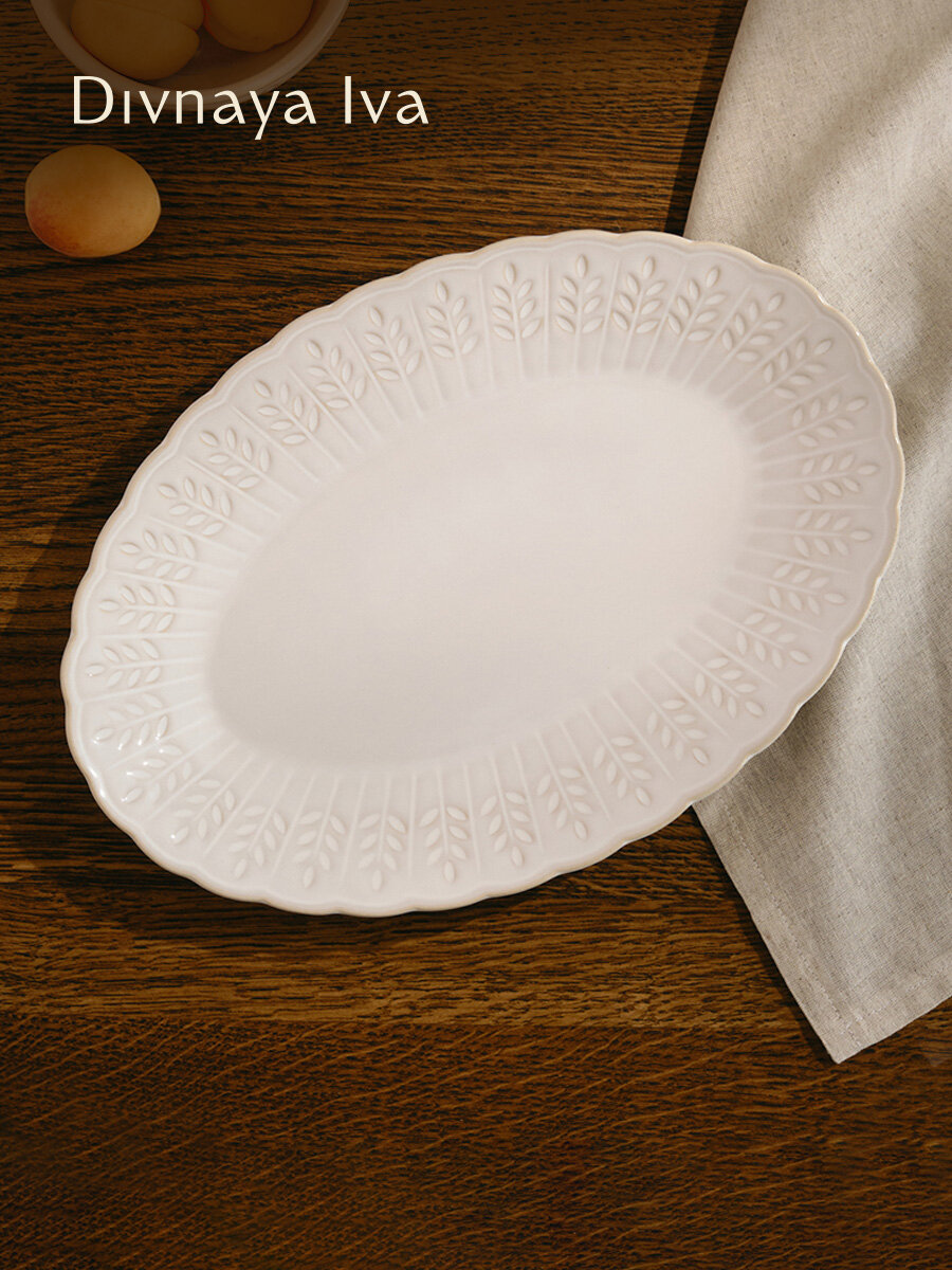 Блюдо овальное фарфор, тарелка большая овальная, размер 31 на 21 см, узор колоски, Divnaya Iva