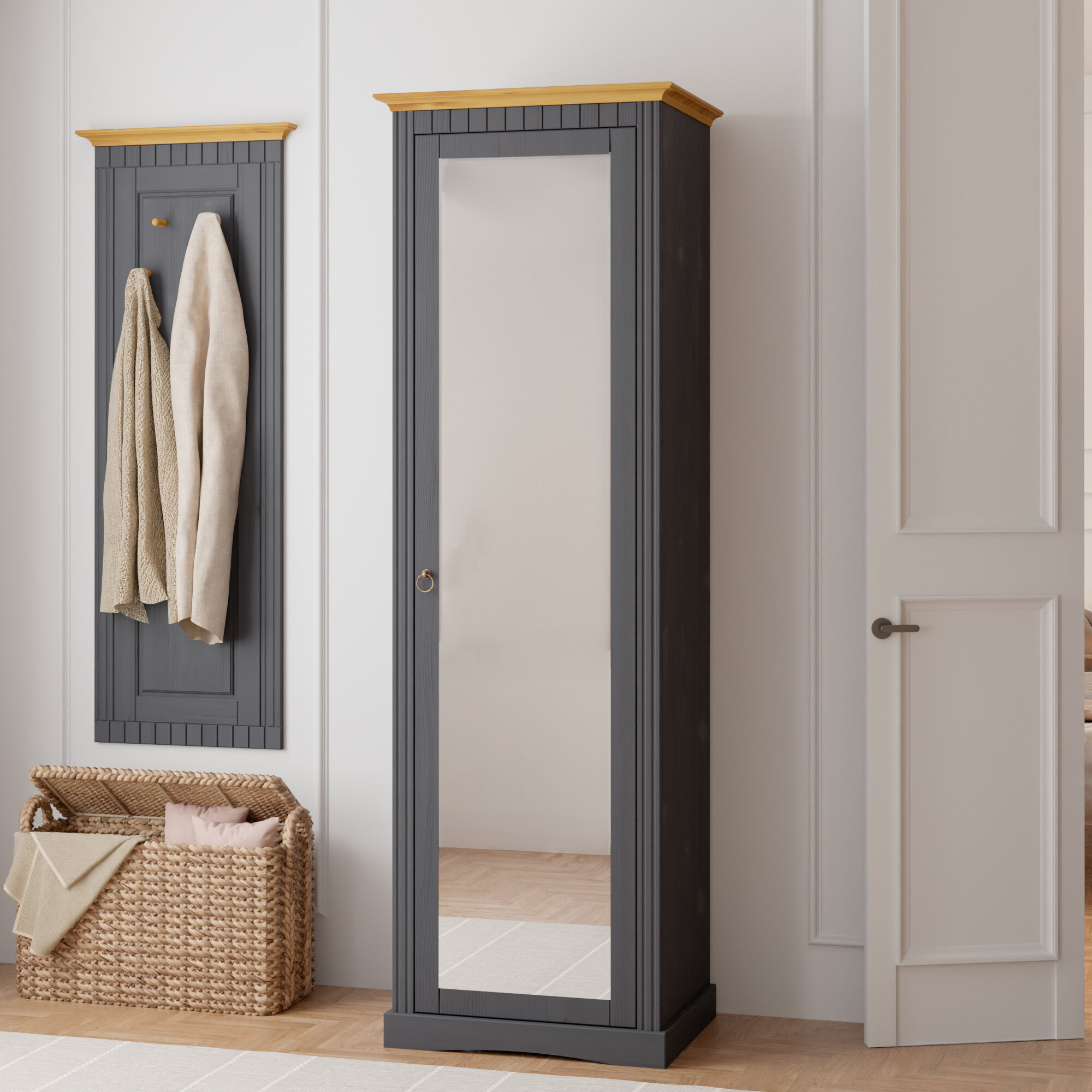 Шкаф для одежды, 58х41х179, Неаполь, распашной, с зеркалом, в прихожую, ванную, спальню, деревянный, серый, Dipriz