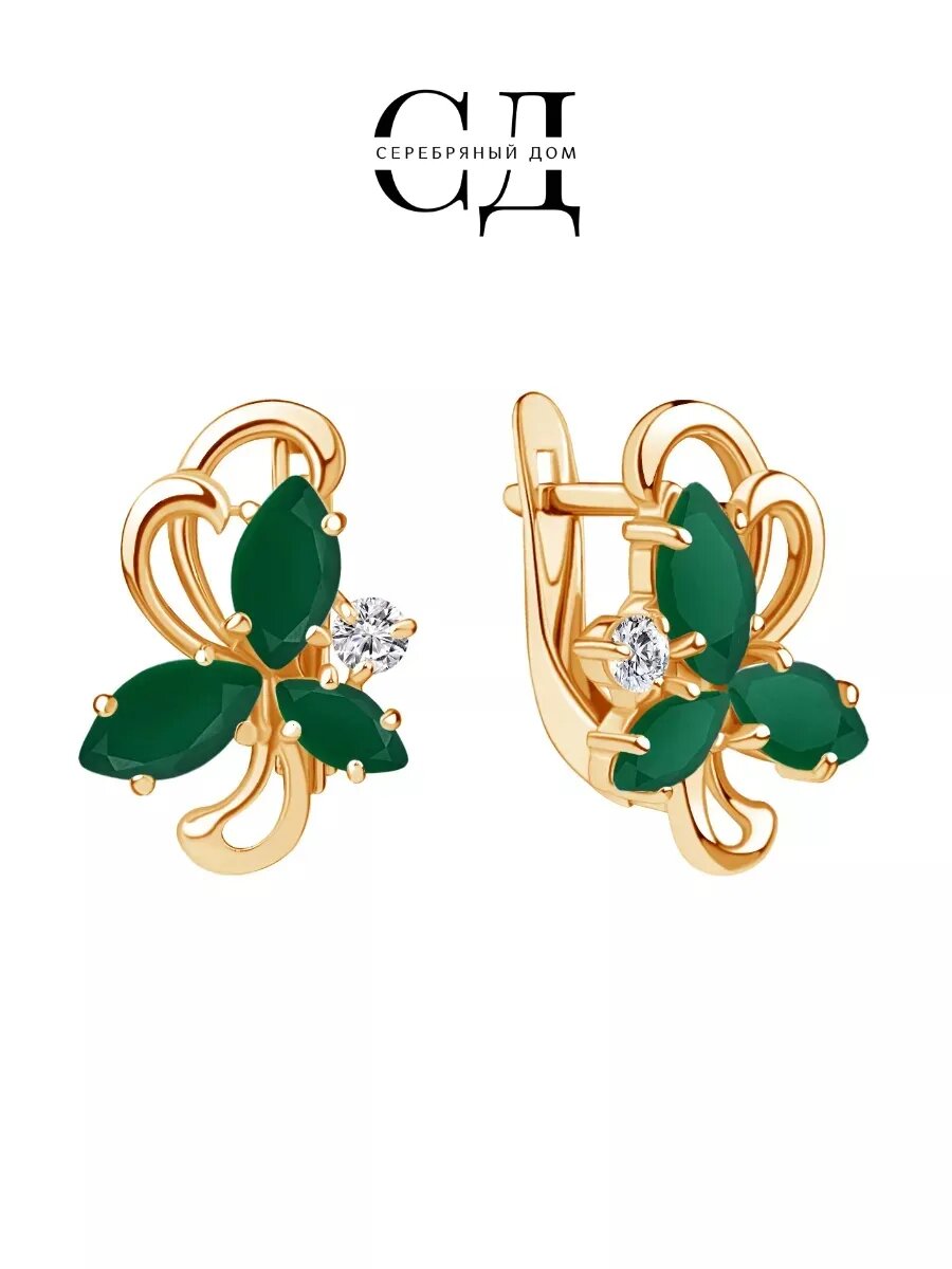 Серьги, 585, 925 проба, золочение, фианит, агат