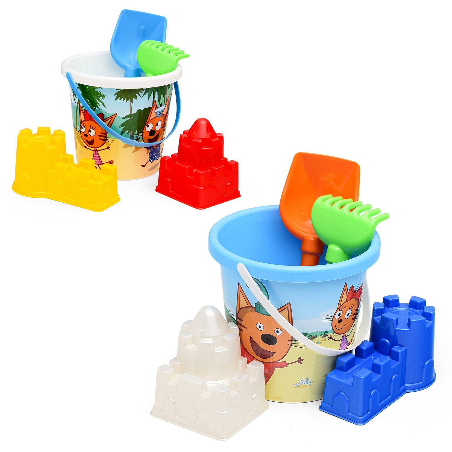 Песочный набор "Три кота и море приключений" №6: Ведро с наклейкой, лопатка №5, грабельки №5, формоч