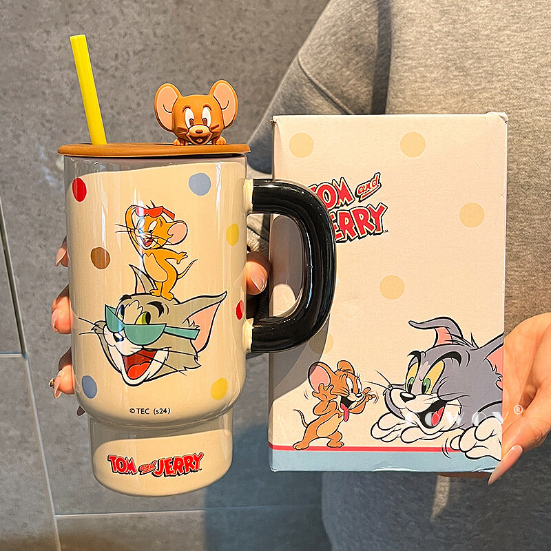 Кружка для воды с изображением Тома и Джерри, большая емкость, кружка с крышкой, керамическая чашка для дома с изображением мультфильма, чашка с соломинкой, кофейная чашка