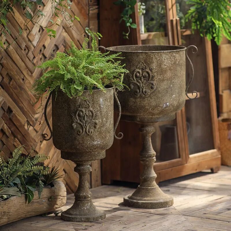 Декоративная винтажная кашпо для сада в стиле прованс, кованый металл с эффектом старины, диаметр 40 см, высота 66 см