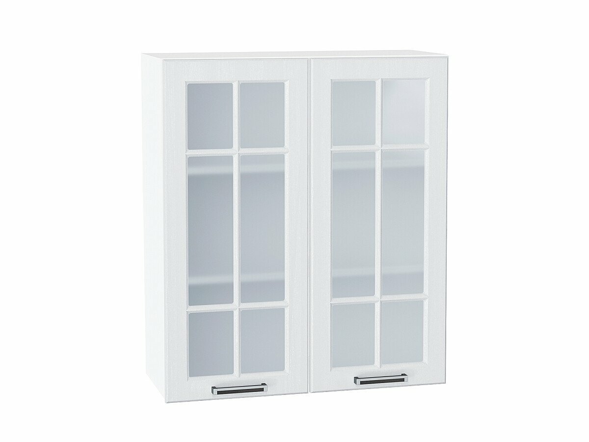 Шкаф верхний с 2-мя остекленными дверцами Прага, цвет фасада Белое дерево, цвет каркаса Белый, стекло Сатинато белое, 920*800*318 мм