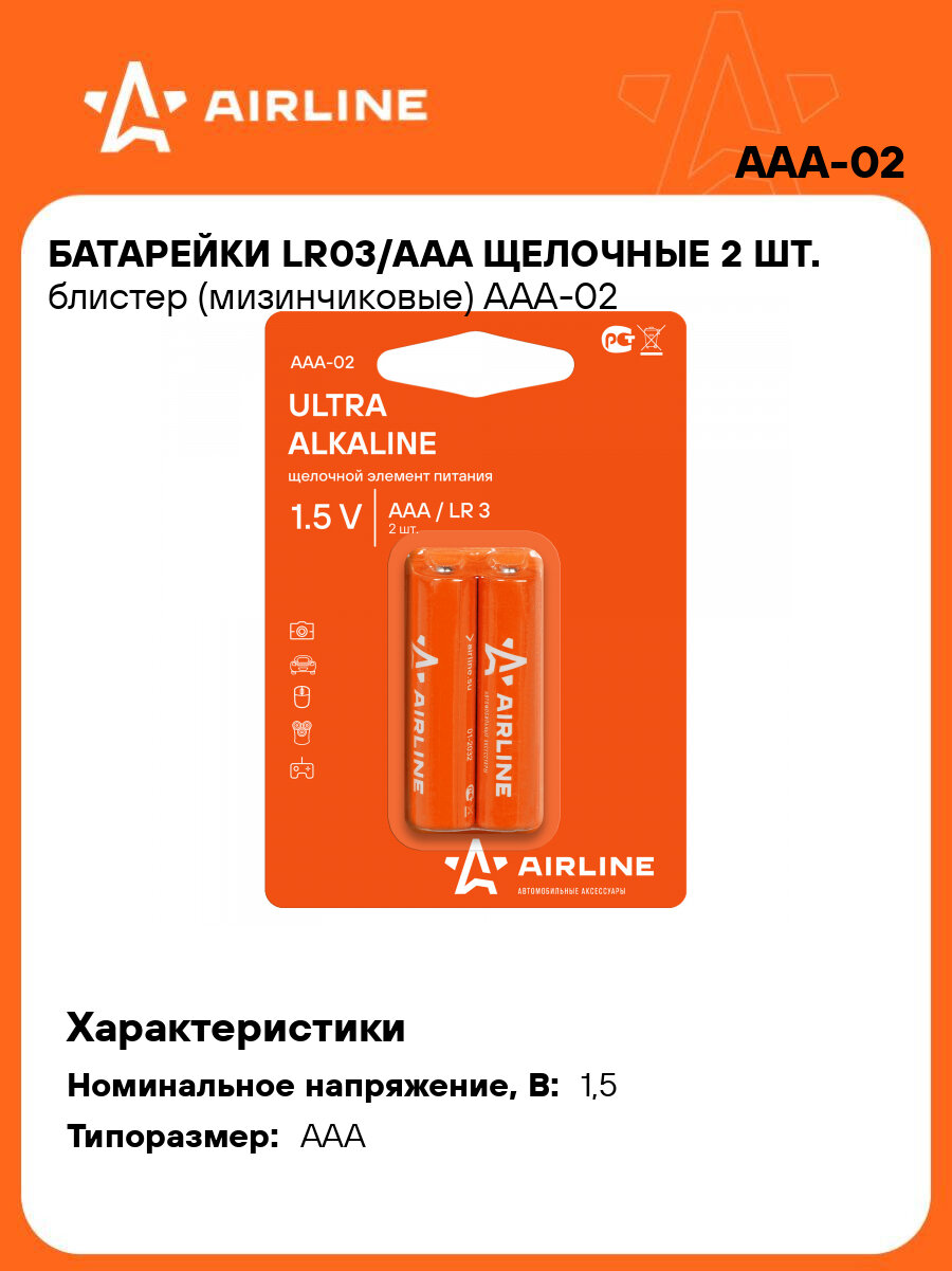 Батарейки мизинчиковые AAA / LR03 щелочные 2 шт 1,5 В AIRLINE AAA-02