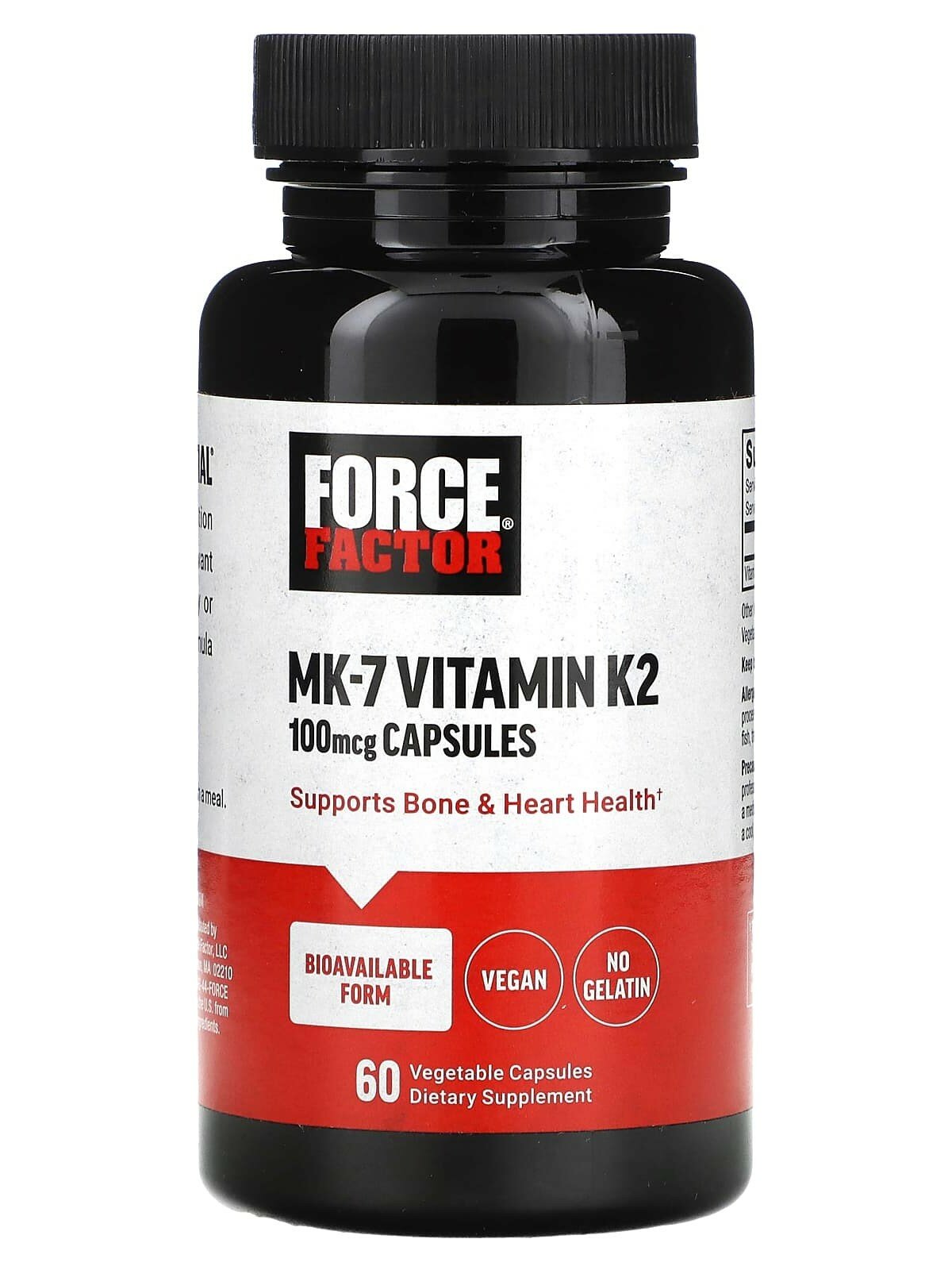 Force Factor, Витамин K2 (в виде менахинона, МК-7), 100 мкг, 60 растительных капсул