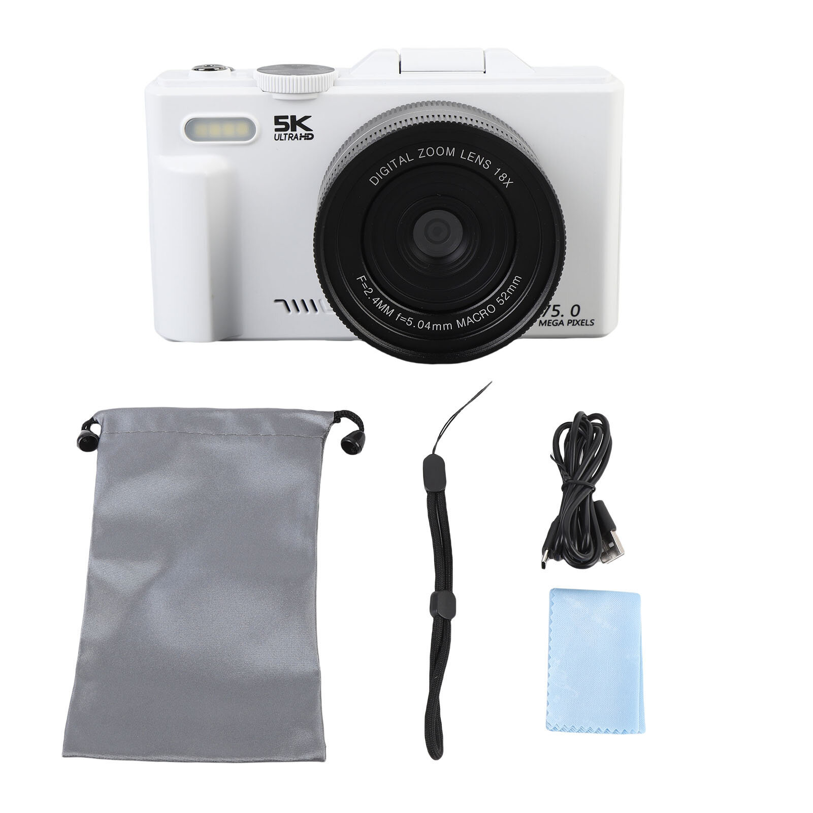5K HD Digital Camera 75MP UHD 18XAF AutoFocus 3 -дюймовый флип -экран Wi -Fi Camera с Flash для фотографии и видео белых