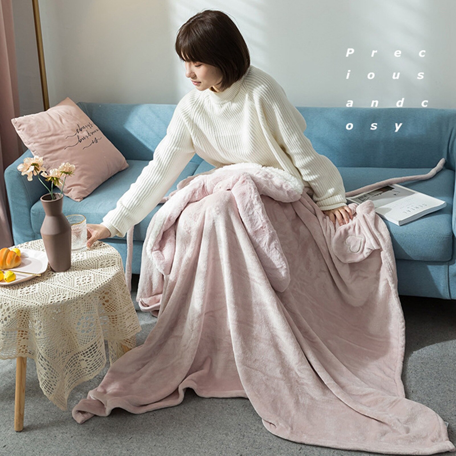 Одеяло с капюшоном, носимое полиэстеровое плюшевое одеяло с кроличьими ушками, мягкое теплое одеяло для дома, розовое, большое