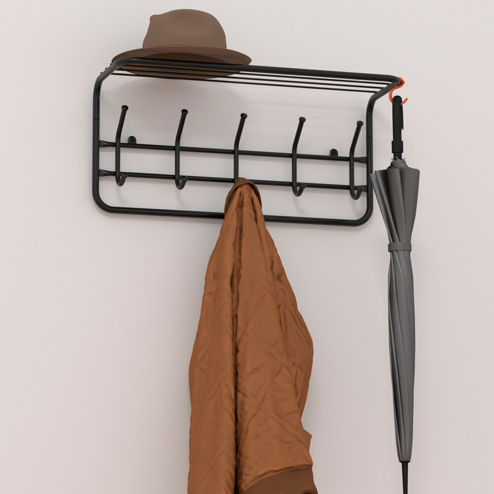 Вешалка настенная с полкой, 6 крючков, черная, 60х22х26.5 см, нагрузка до 5 кг