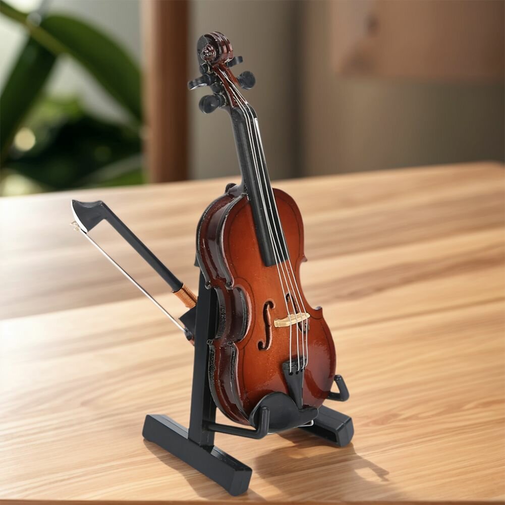Деревянная миниатюрная виолончель со стойкой и смычком деревянная копия скрипки коллекционная фигурка