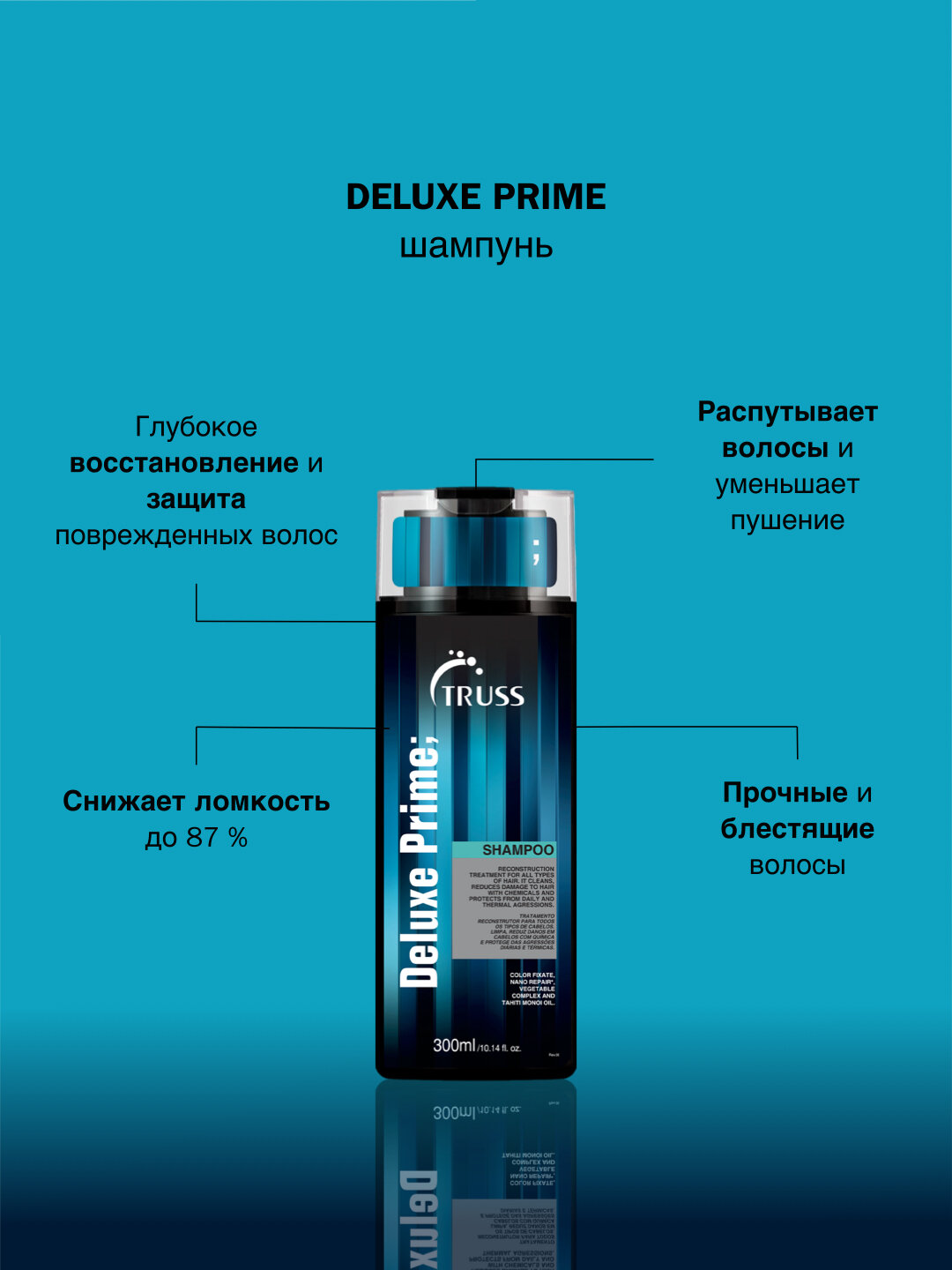 Шампунь TRUSS Professional Deluxe Prime Shampoo 300ml, мягко очищает, глубокое увлажнение и защита волос.