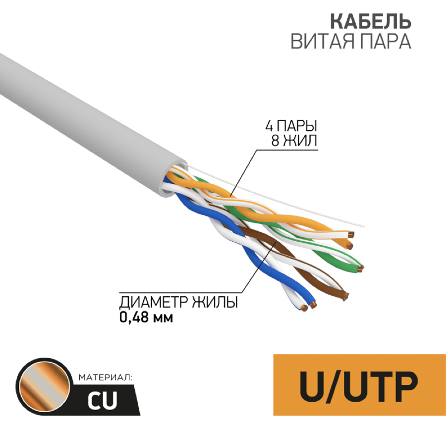 Кабель информационный PROconnect / Проконнект Indoor solid 24AWG 4PR, витая пара, медь ПВХ серый, U/UTP, cat5e, 4 пары, 4.5мм, 100м / электрика