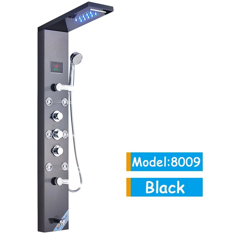 Роскошный черный/матовый светодиодный душ для ванной комнаты, башенная система, настенный смеситель, ручной душ, спа-массаж, температура экрана, 8009 Black