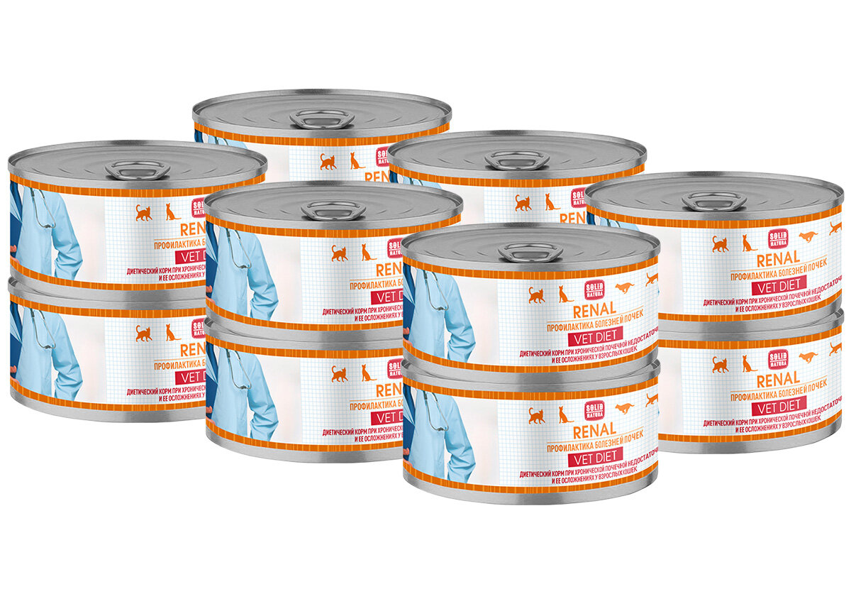 Влажный корм Solid Natura Vet Diet Renal для взрослых кошек при хронической почечной недостаточности с свининой банка, 100 г 12 шт
